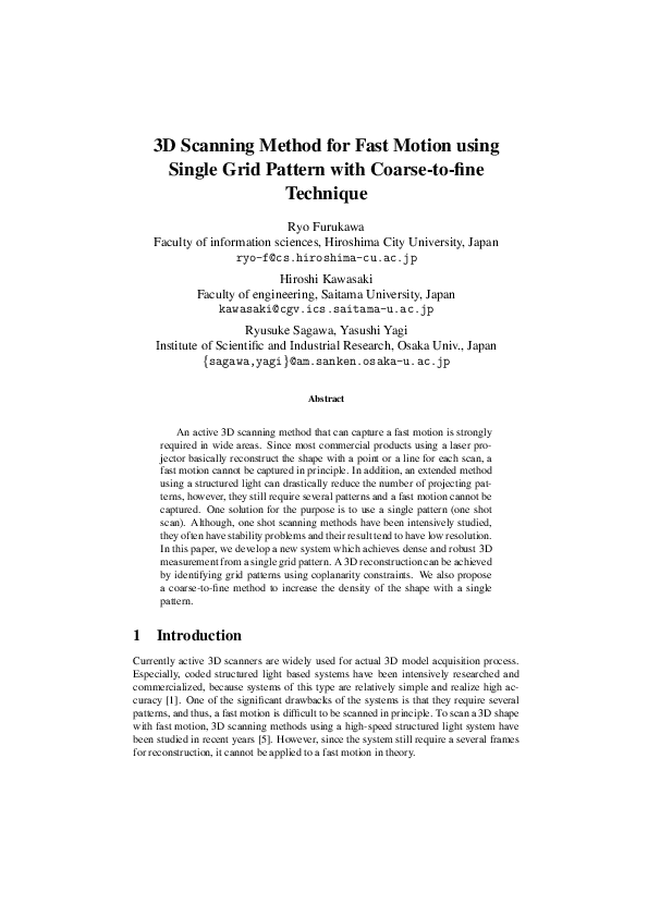 Pdf 3d Scanning Method For Fast Motion Using Single Grid Pattern With