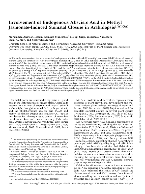 (PDF) Involvement of Endogenous Abscisic Acid in Methyl Jasmonate-Induced Stomatal Closure in ...