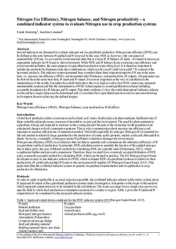 Pdf Nitrogen Use Efficiency Nitrogen Balance And Nitrogen Productivity A Combined