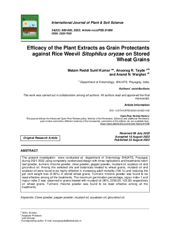 (PDF) Efficacy of the Plant Extracts as Grain Protectants against Rice ...