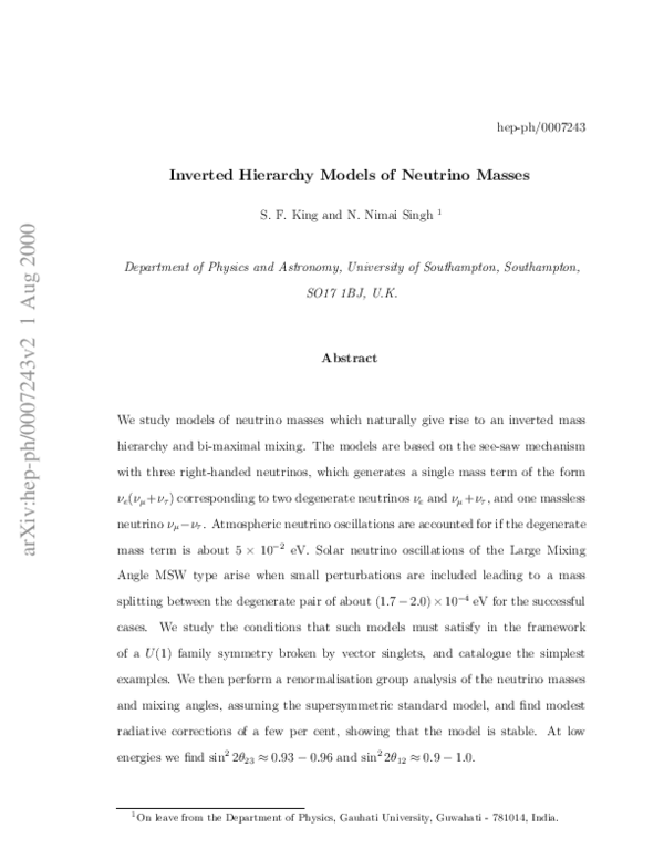 (PDF) Inverted hierarchy models of neutrino masses