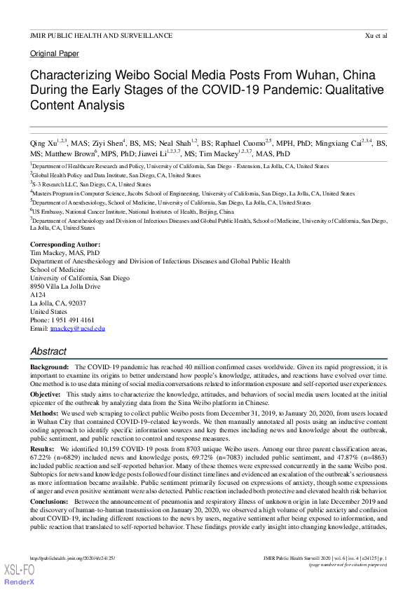 Pdf Characterizing Weibo Social Media Posts From Wuhan China During The Early Stages Of The