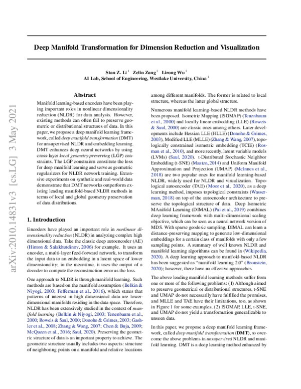 (PDF) Deep Manifold Transformation for Nonlinear Dimensionality Reduction
