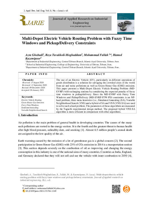 (PDF) Multi-depot electric vehicle routing problem with fuzzy time windows and pickup/delivery ...