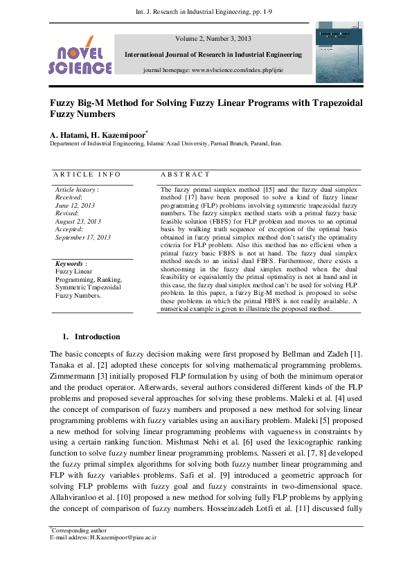 (PDF) Fuzzy Big-M Method for Solving Fuzzy Linear Programs with Trapezoidal Fuzzy Numbers