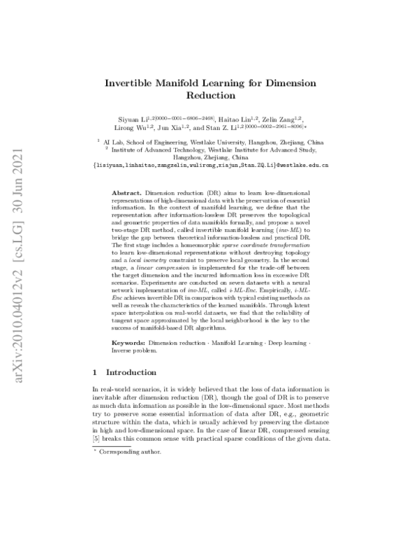 (PDF) Invertible Manifold Learning for Dimension Reduction