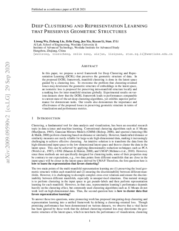 (PDF) Deep Clustering and Representation Learning that Preserves Geometric Structures