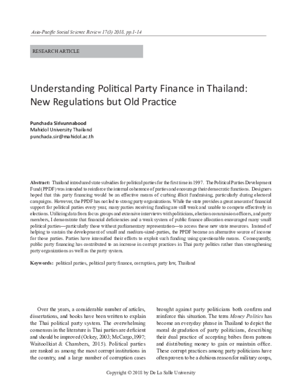 (PDF) Understanding Political Party Finance in Thailand: New ...