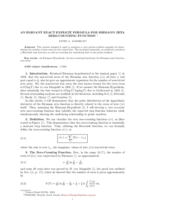 Pdf An Elegant Exact Explicit Formula For Riemann Zeta Zero Counting Function Fayez A