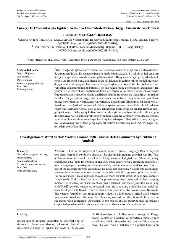 (PDF) Türkçe Otel Yorumlarıyla Eğitilen Kelime Vektörü Modellerinin ...