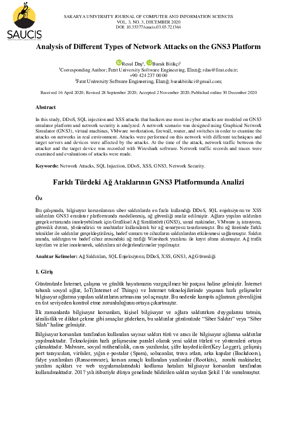 (PDF) Analysis of Different Types of Network Attacks on the GNS3 Platform