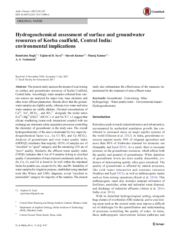 (PDF) Hydrogeochemical assessment of surface and groundwater resources of Korba coalfield ...