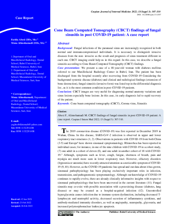 (PDF) Cone Beam Computed Tomography (CBCT) findings of Fungal Sinusitis in Post COVID‐19 Patient ...