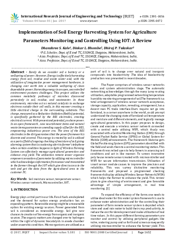 (PDF) Implementation of Soil Energy Harvesting System for Agriculture Parameters Monitoring and ...