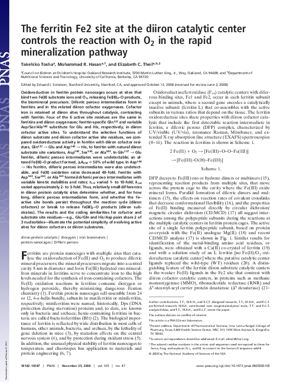 (PDF) The ferritin Fe2 site at the diiron catalytic center controls the ...
