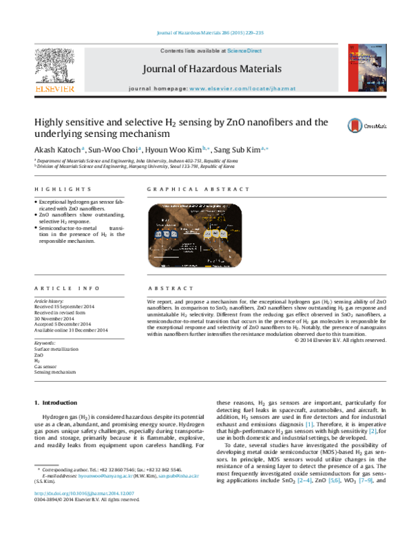 (PDF) Highly sensitive and selective H2 sensing by ZnO nanofibers and ...