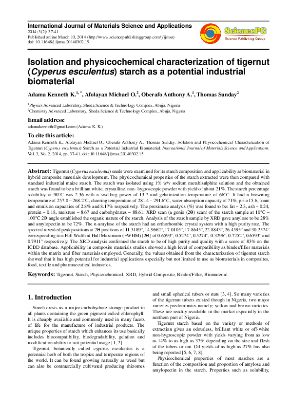 (PDF) Isolation and physicochemical characterization of tigernut (Cyperus esculentus ) starch as ...