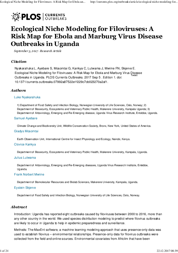 (PDF) Ecological Niche Modeling for Filoviruses: A Risk Map for Ebola and Marburg Virus Disease ...