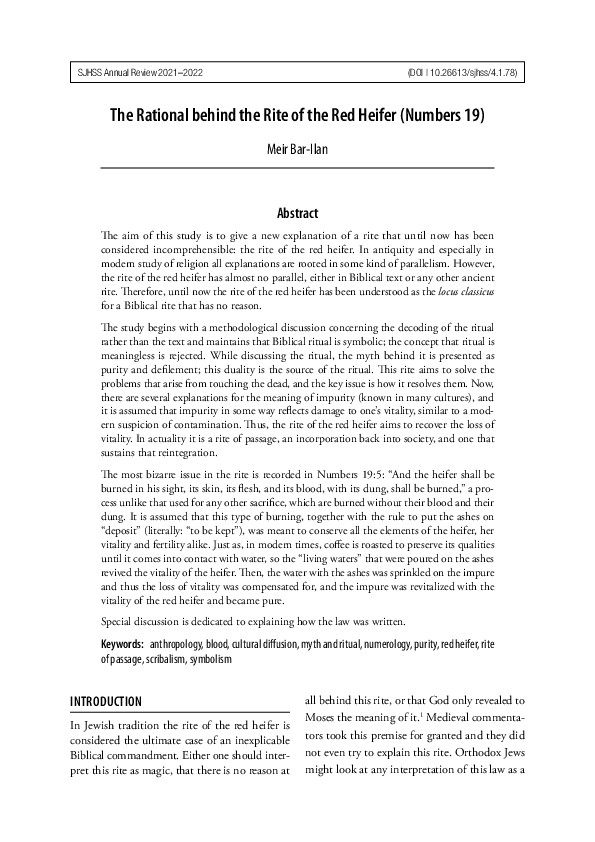 (PDF) The Rational behind the Rite of the Red Heifer (Numbers 19)