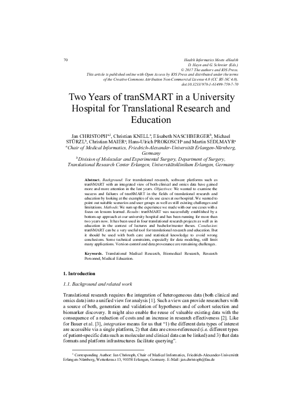 (PDF) Two Years of tranSMART in a University Hospital for Translational ...