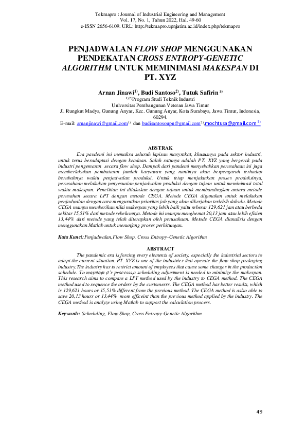 Pdf Penjadwalan Flow Shop Menggunakan Pendekatan Cross Entropy Genetic Algorithm Untuk 9068