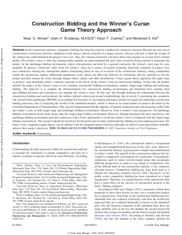(PDF) Construction Bidding and the Winner’s Curse: Game Theory Approach