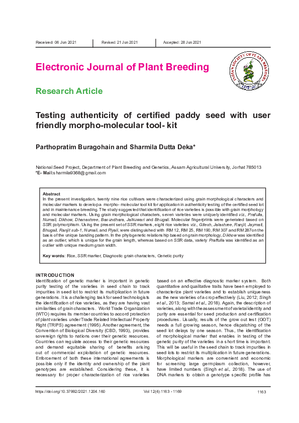 (PDF) Testing authenticity of certified paddy seed with user friendly ...