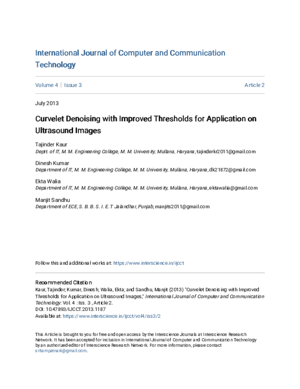 (PDF) Curvelet Denoising with Improved Thresholds for Application on Ultrasound Images