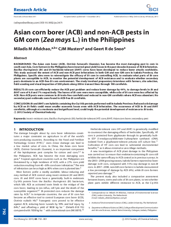 (PDF) Asian corn borer (ACB) and non-ACB pests in GM corn (Zea mays L ...