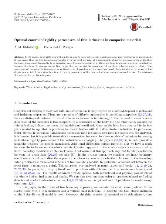 (PDF) Optimal control of rigidity parameters of thin inclusions in composite materials