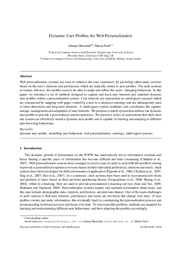(PDF) Dynamic user profiles for web personalisation