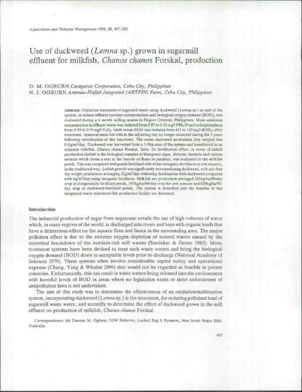 (PDF) Use of duckweed (Lemna sp.) grown in sugarmill effluent for ...