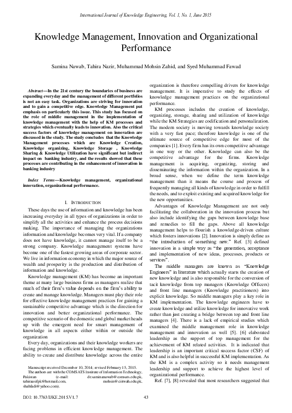 (PDF) Knowledge Management, Innovation and Organizational Performance