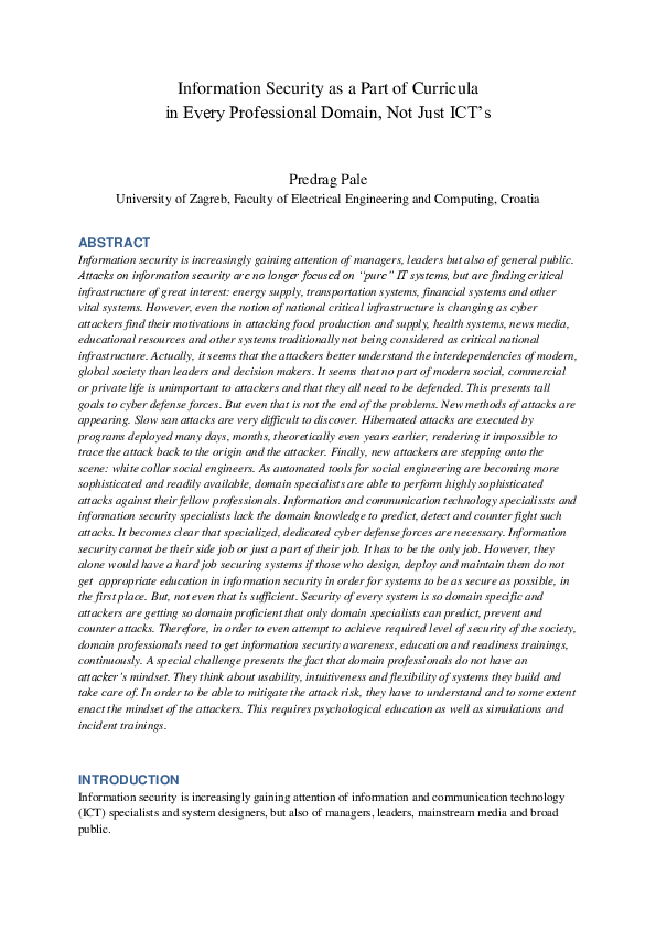 (PDF) Information Security as a Part of Curricula in Every Professional Domain, Not Just ICT's