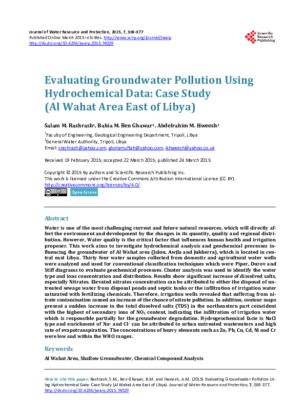 (PDF) Evaluating Groundwater Pollution Using Hydrochemical Data: Case Study (Al Wahat Area East ...
