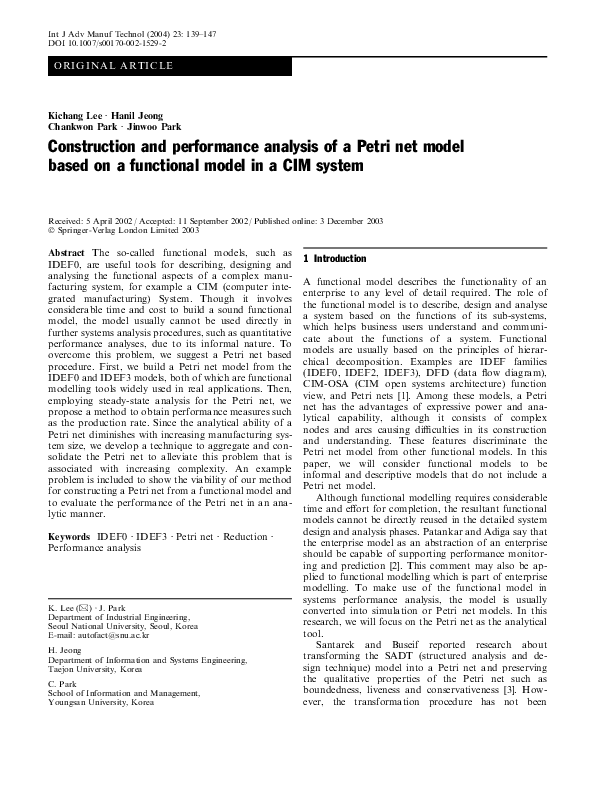 (PDF) Construction and performance analysis of a Petri net model based on a functional model in ...