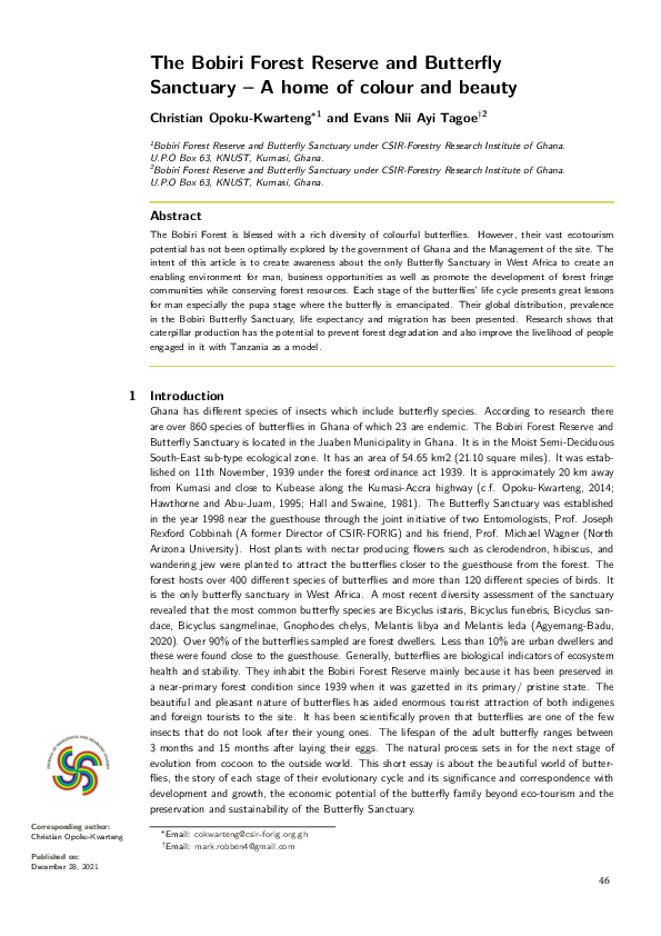 (PDF) The Bobiri Forest Reserve and Butterfly Sanctuary -A home of ...