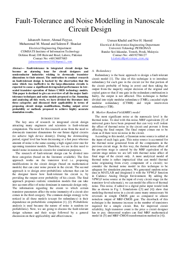(PDF) Fault-tolerance and noise modelling in nanoscale circuit design