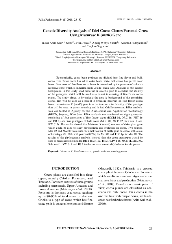 (PDF) Genetic Diversity Analysis of Edel Cocoa Clones Parental Cross ...