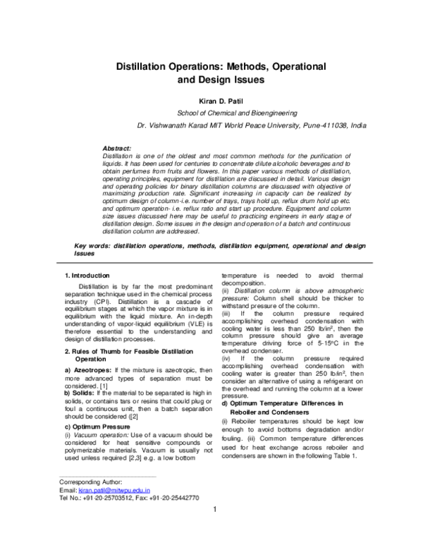 (PDF) Distillation Operations: Methods, Operational and Design Issues
