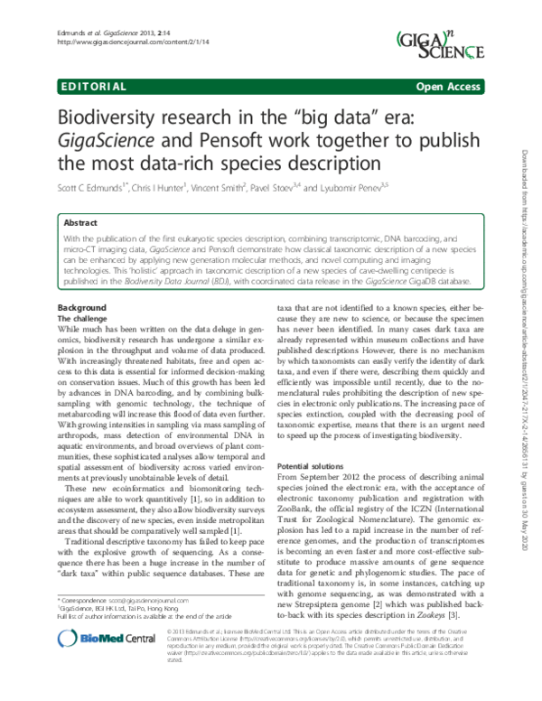 (PDF) Biodiversity research in the “big data” era: GigaScience and ...