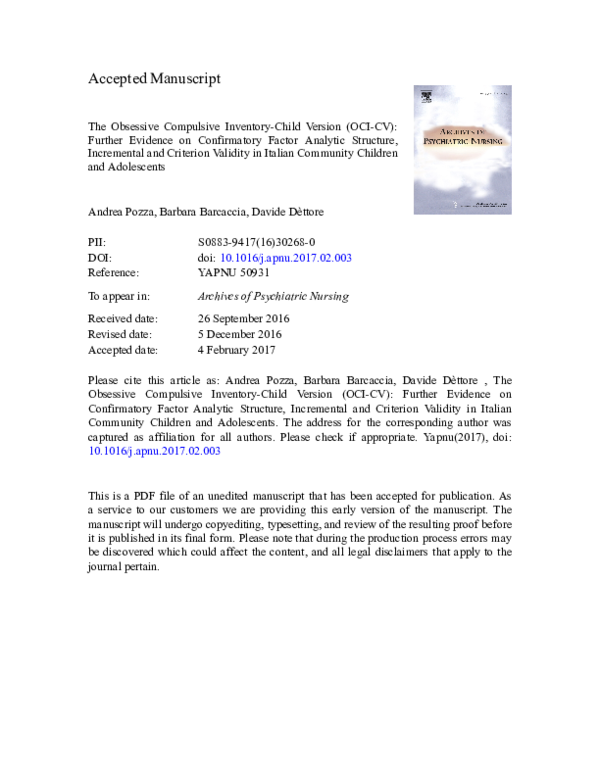 (PDF) The Obsessive Compulsive Inventory-Child Version (OCI-CV): Further Evidence on ...