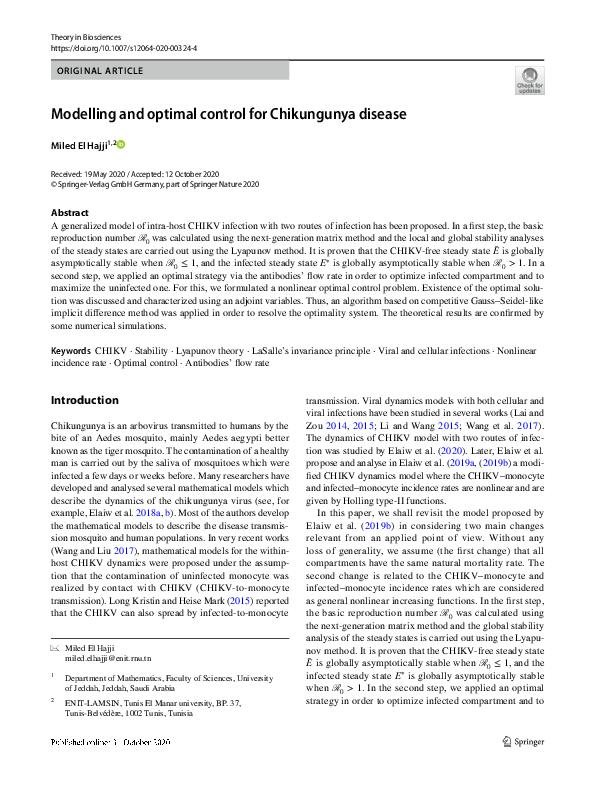 (PDF) Modelling and optimal control for Chikungunya disease