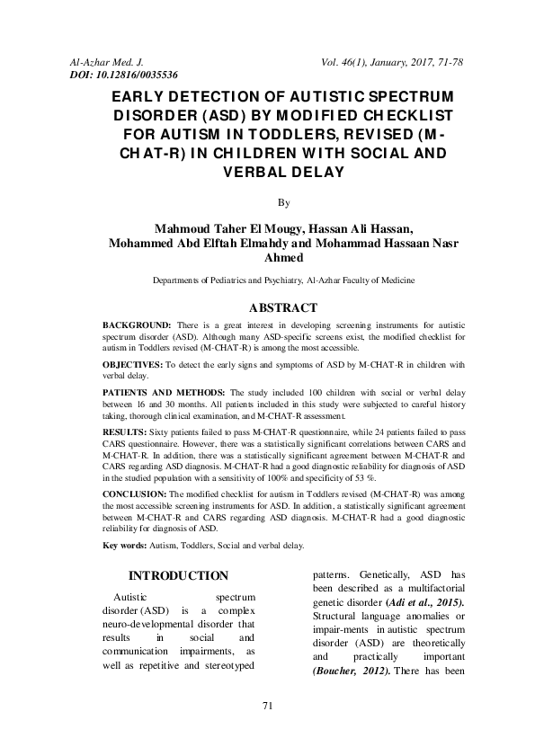 (PDF) Early Detection of Autistic Spectrum Disorder (ASD) by Modified ...