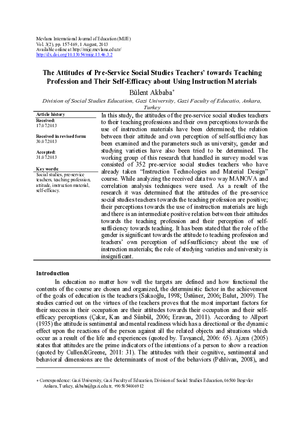 (PDF) The Attitudes of Pre-Service Social Studies Teachers’ towards Teaching Profession and ...
