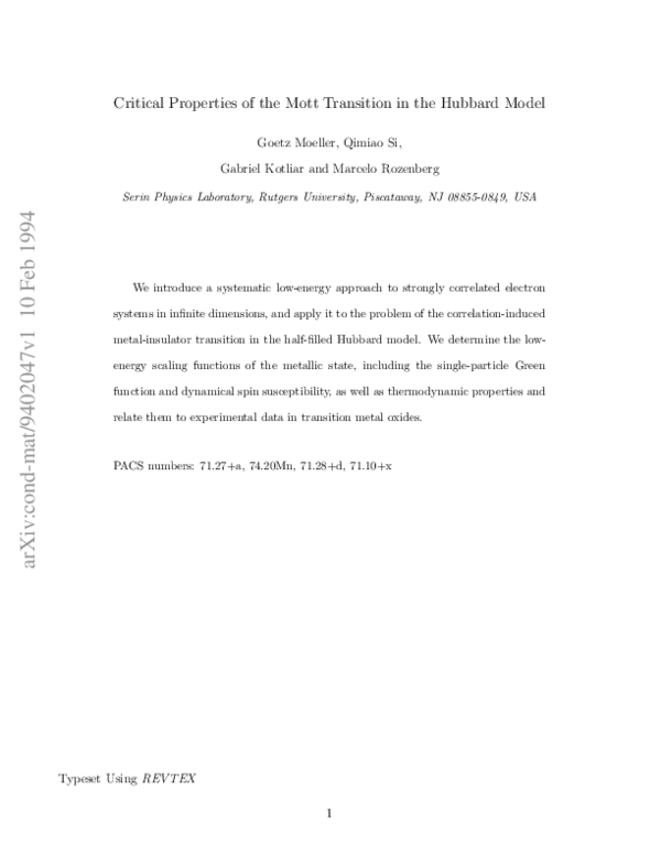 (PDF) Critical Properties of the Mott Transition in the Hubbard Model