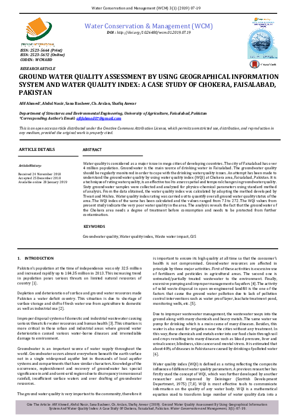 (PDF) Ground Water Quality Assessment by Using Geographical Information System and Water Quality ...