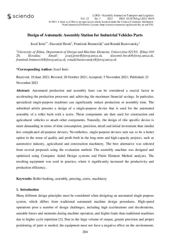 (PDF) Design of Automatic Assembly Station for Industrial Vehicles Parts