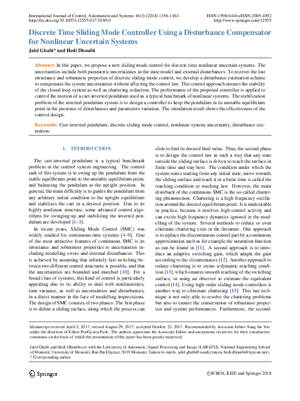 Pdf Discrete Time Sliding Mode Controller Using A Disturbance Compensator For Nonlinear
