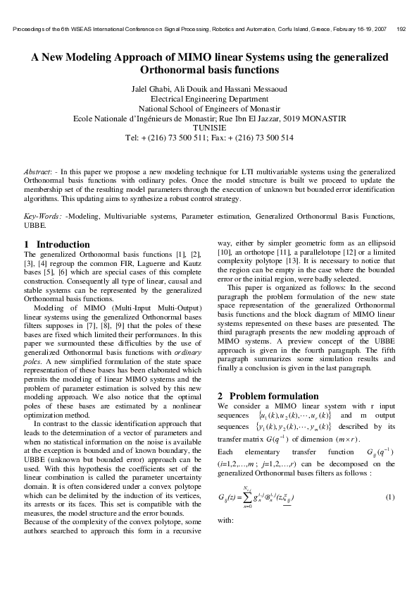 Pdf A New Modeling Approach Of Mimo Linear Systems Using The Generalized